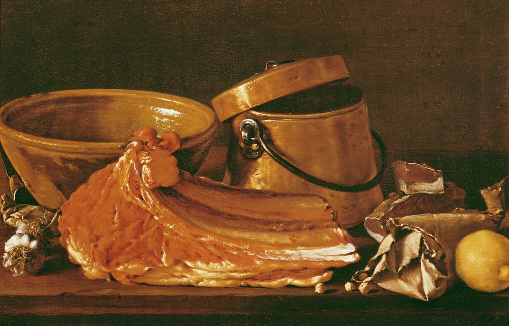 Still Life with Meat, Cooking Pots, Chickpeas, a Lemon and Garlic
