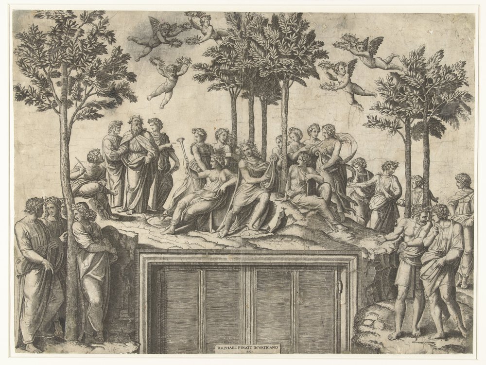 Apollo and Muses on Mount Parnassus by Marcantonio Raimondi