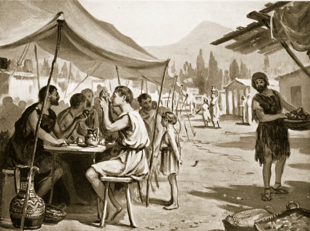 Spartans eating at public tables, illustration from 'Hutchinson's ...