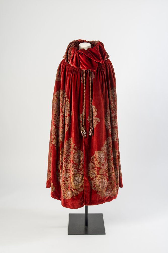 Dark Red Velvet Cloak with a Gold and Silver Stenciled Floral Design ...