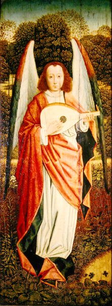 The Virgin and Child with Angels, left hand panel depicting an angel ...