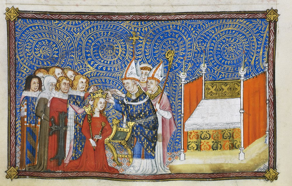 The Archbishop of Reims placing the crown on the queen's head and the ...