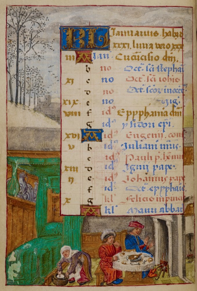 Calendar page for January, illustration from 'Hours of Joanna of Castile'