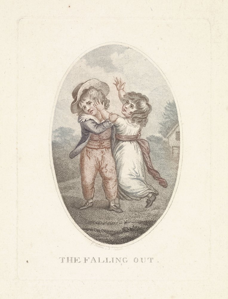 Little boy and girl teasing each other The Falling Out (title on object)