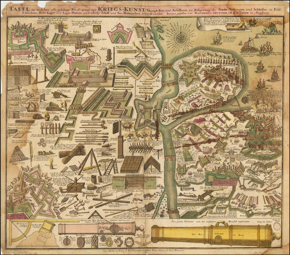 1720 Allegorical Map by Seutter Showing the Art of War, by Land and by Sea
