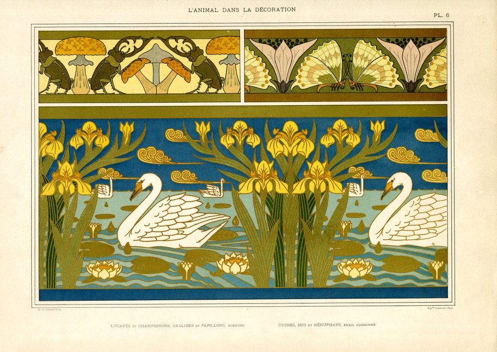 Decorative Borders with Swans, Insects and Iris