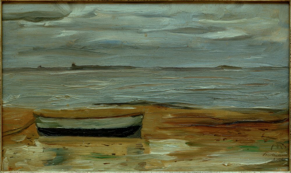 Beach with Gray Boat and Gray Sea by Max Beckmann