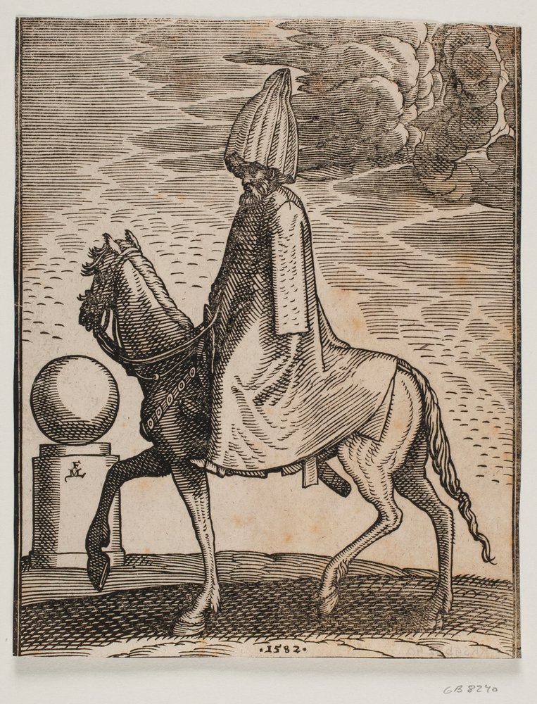 Rider Dressed in Long Coat and Pumpkin-like Headgear, Profile to the ...