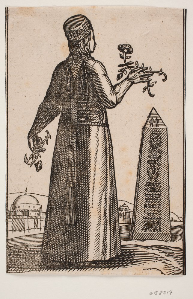 Unveiled Woman Seen From Behind; Holding a Blooming Rose Branch in Each ...