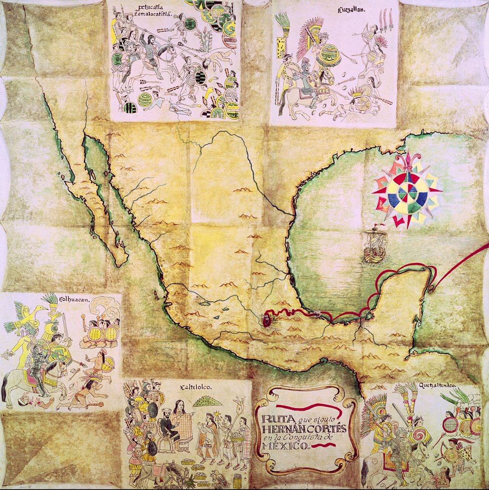 Map of the route followed by Hernando Cortes during the conquest of Mexico