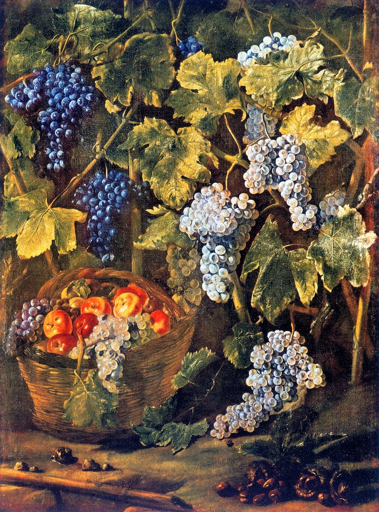 Still Life with a Basket of Fruit, Chestnuts and a Background of Vines ...