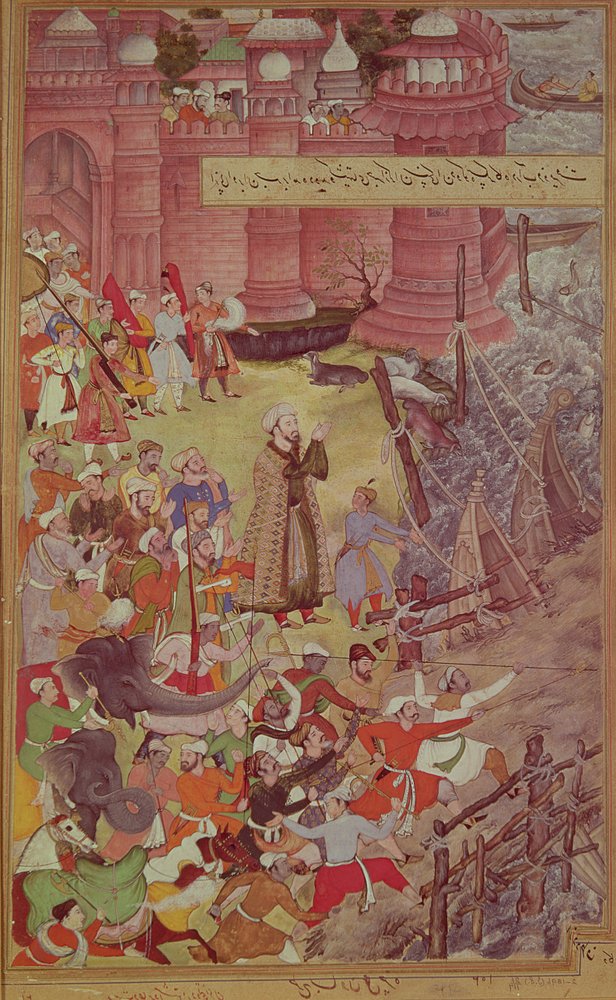 A Bridge of boats broken by Akbar on his elephant while crossing the ...