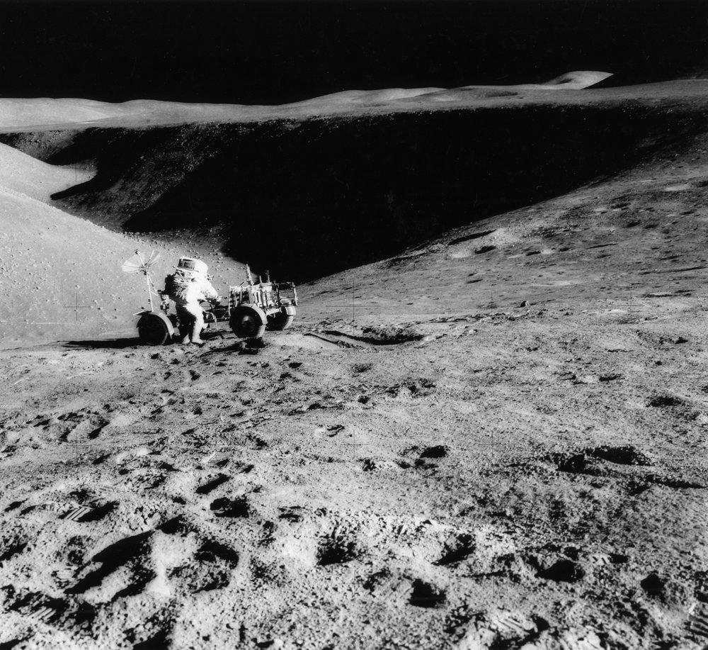 Astronaut David Scott on the slope of Hadley Delta during Apollo 15, 1971