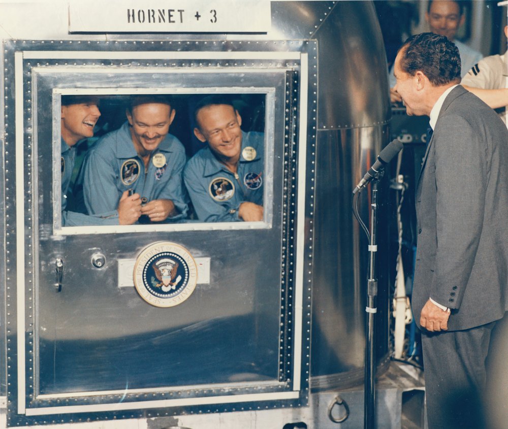 President Richard M. Nixon Welcomes the Apollo 11 Astronauts Aboard ...