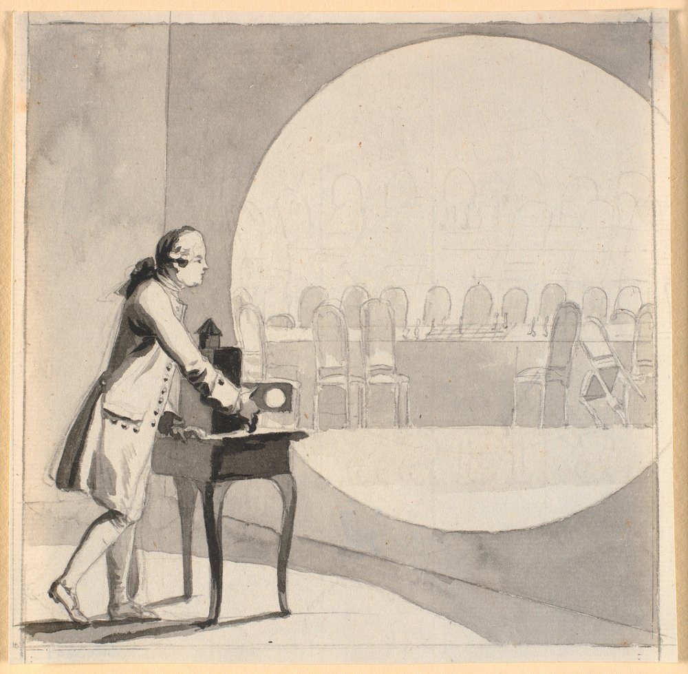 A Man with a Magic Lantern Showing a Picture of the Empty Council Chamber