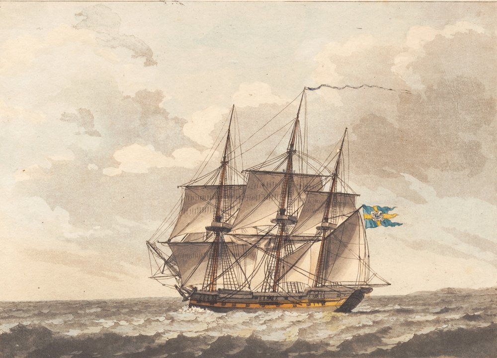 A Swedish Frigate with Reefed Topsail in the Wind