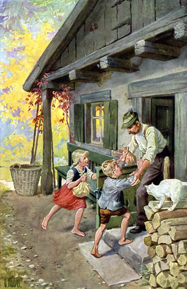 Hansel and Gretel find their way back home (postcard)