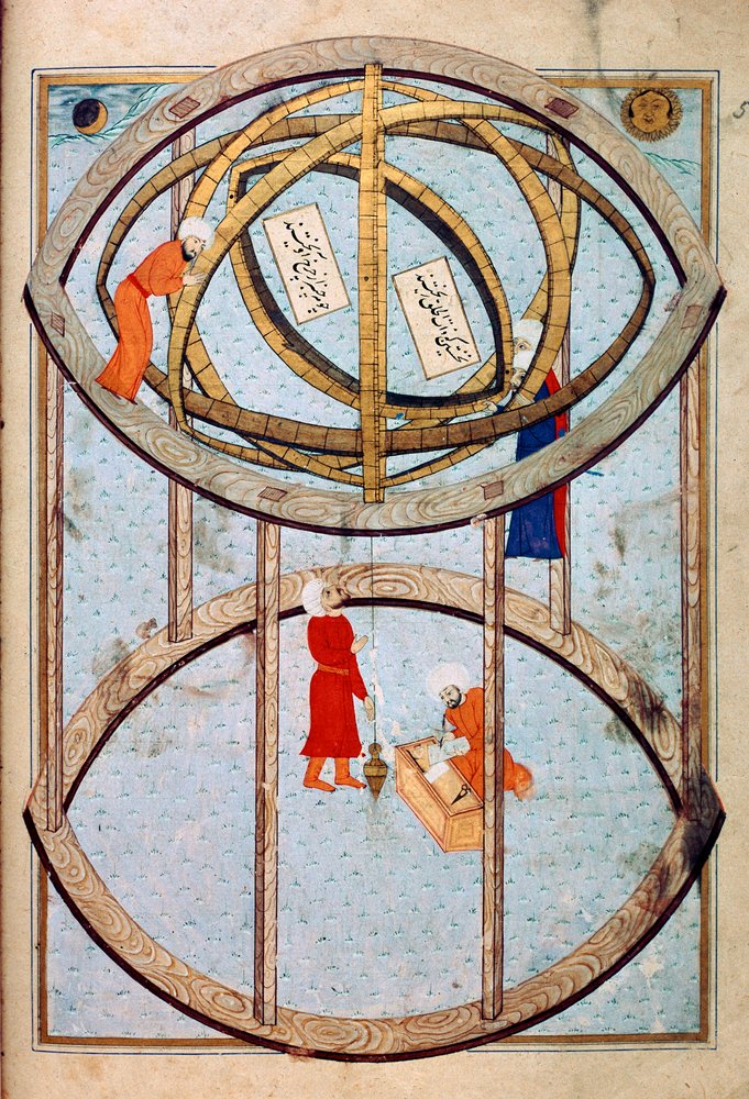 Astronomers manipulating a huge armillary sphere and tools to measure ...