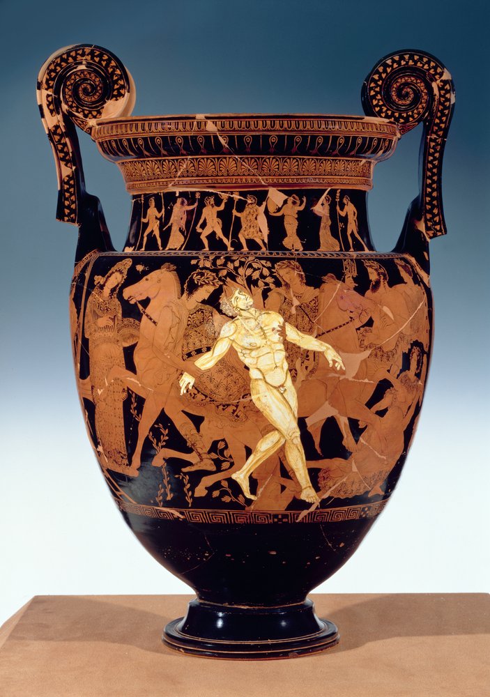 Attic red-figure volute krater depicting the death of the bronze giant ...