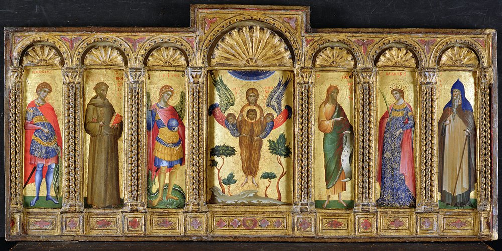 Triptych with Mary Magdalen holding the head of Christ, flanked by saints