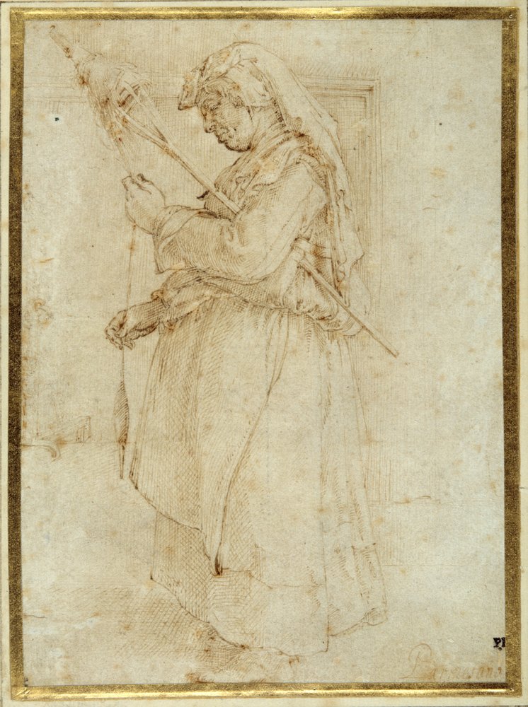 Old woman with a distaff, standing before a fireplace