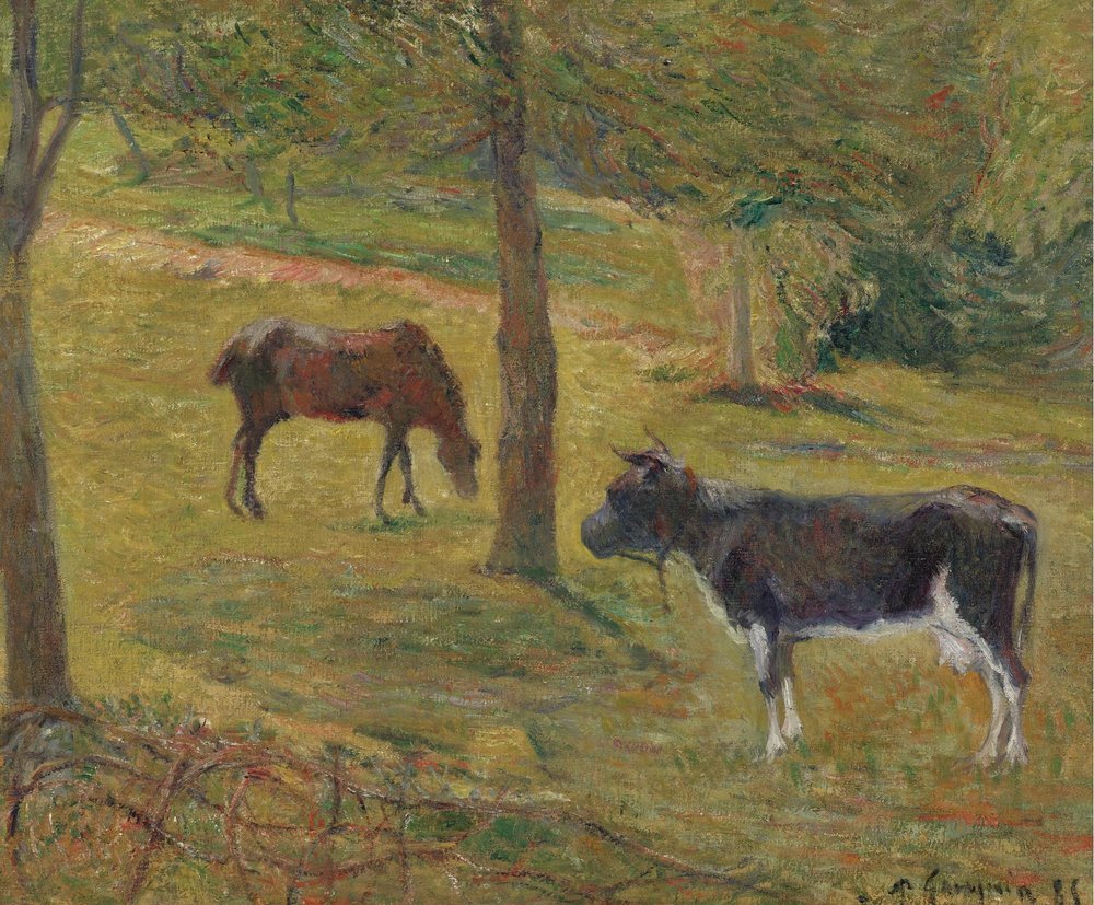 Cow and Horse in a Meadow by Paul Gauguin: Fine art print