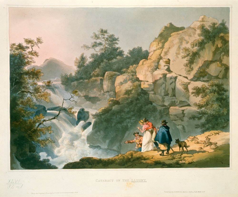 Tourists looking at a waterfall, Cataract on the Llugwy