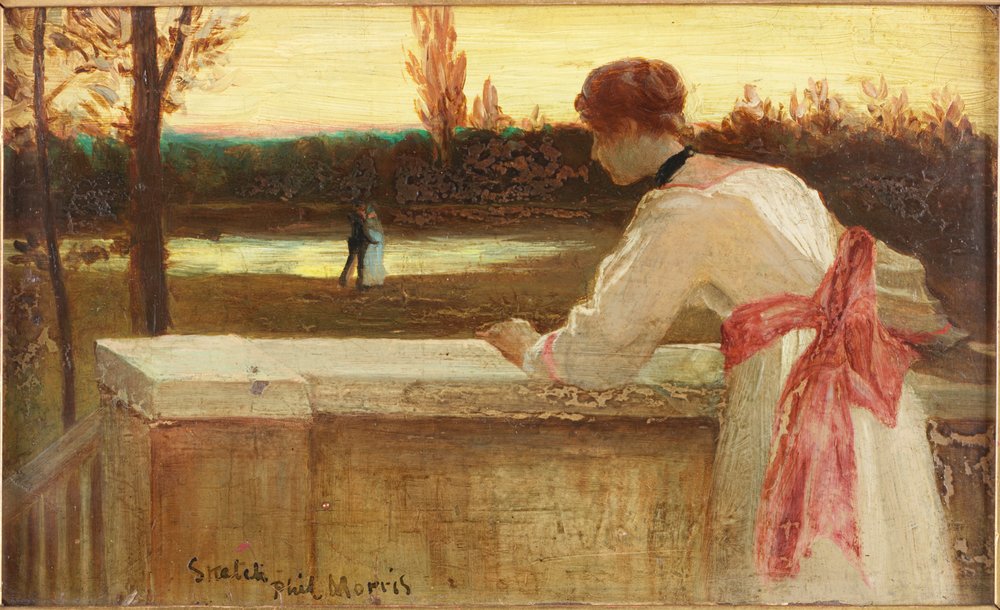 Girl on a Balcony Watching a Couple by a Lake