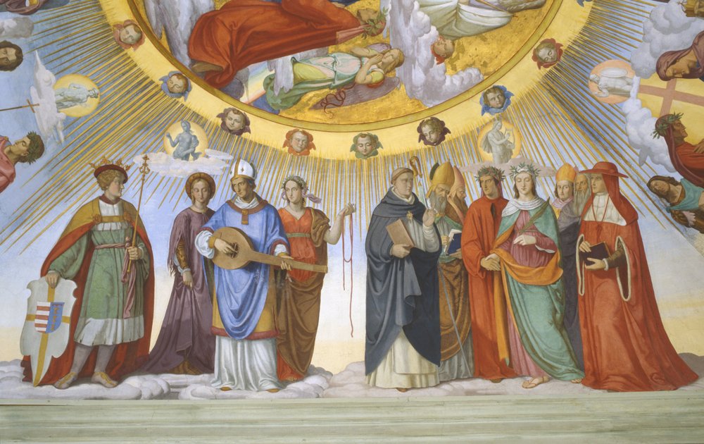 Vault of the room of Dante (detail): Dante, Beatrice, Empress Constance ...