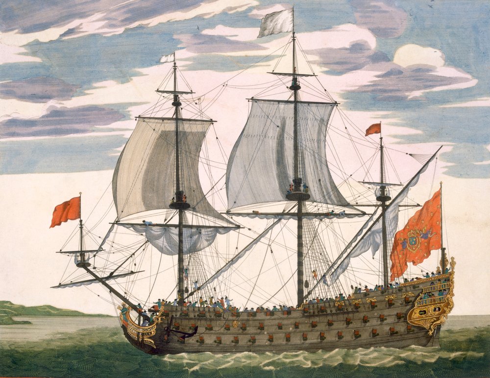 British Navy: a first-rate ship flying the White Ensign; three-decker ...