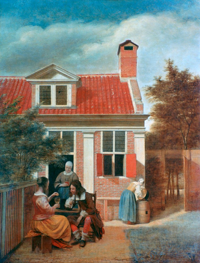 Three Women and a Man in a Courtyard behind a House