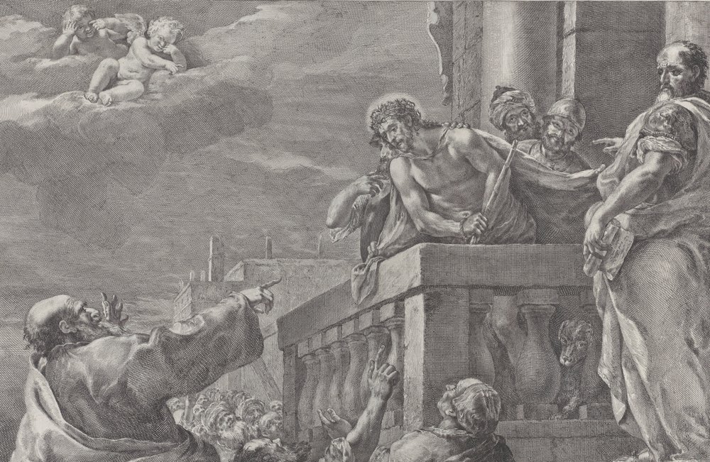 Christ on a Balcony Surrounded by Guards, Pilate Stands to the Right ...