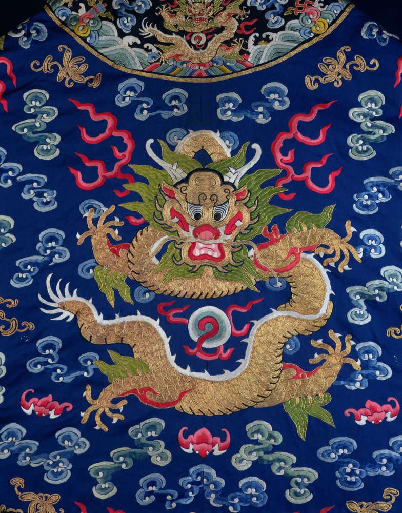 A blue-ground embroidered Kesi dragon robe (detail)