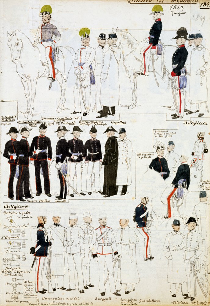 Uniforms of Duchy of Modena in 1849, plate from Cenni Codex collection ...