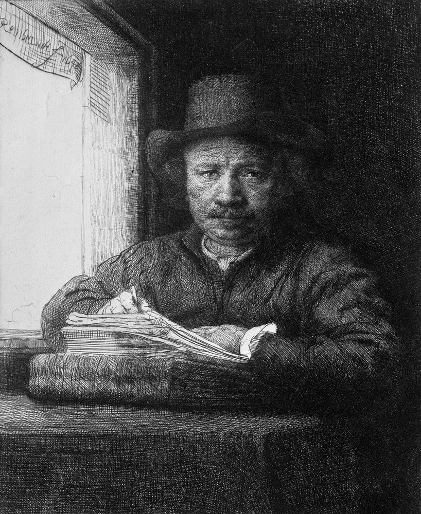 Self portrait while drawing, 1648 by Rembrandt van Rijn