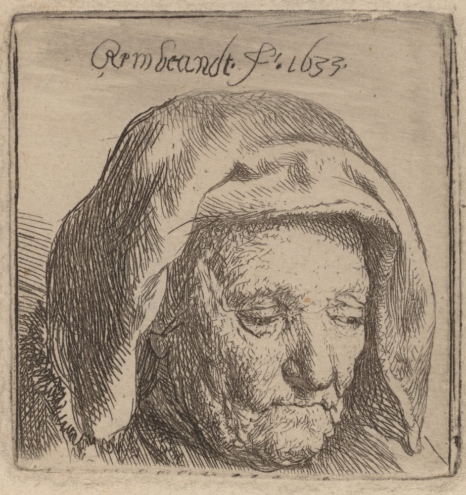 The Artist's Mother in a Cloth Headdress, Looking Down, 1633