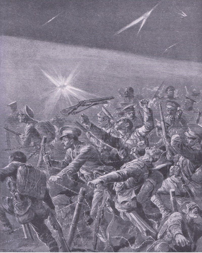 Caught in barbed wire entanglements: Night attack by British infantry