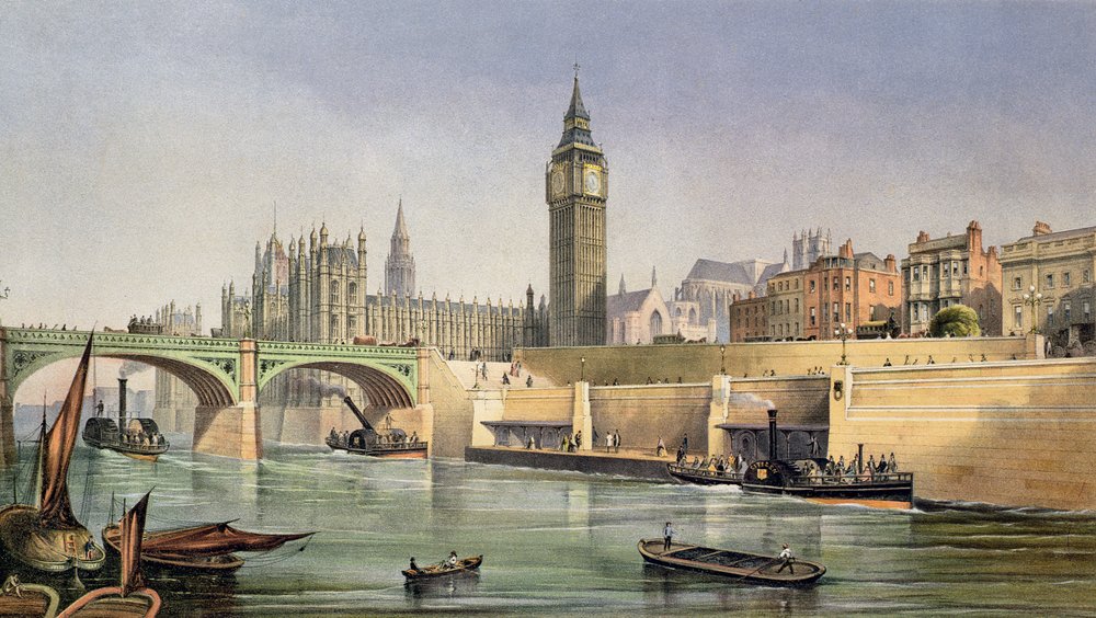 Thames Embankment showing the Steam Boat Landing Pier at Westminster ...