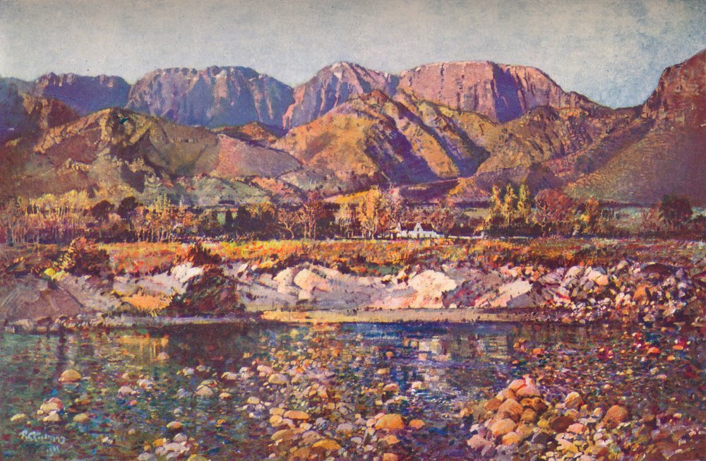 Wemmers Hoek Mountains from the Berg River, Cape Western Province