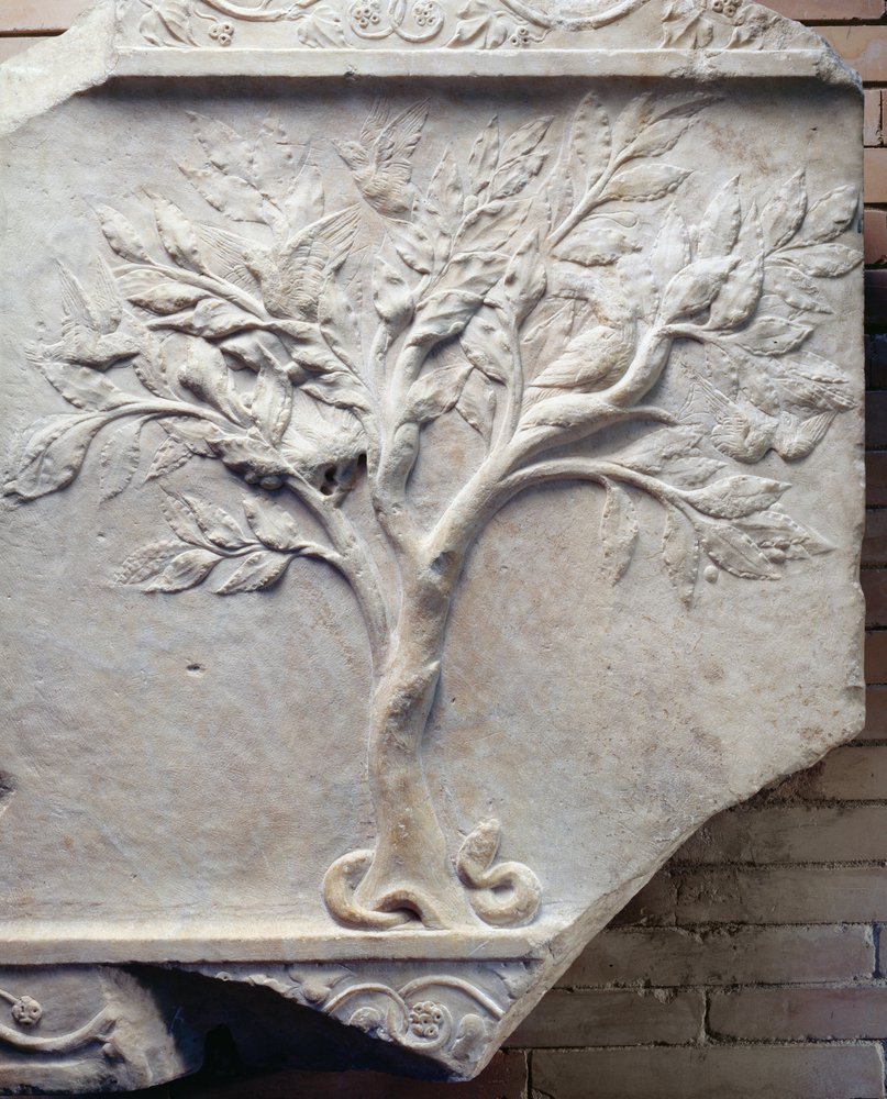 Bas-relief of a tree, with birds in the branches and a snake at the base