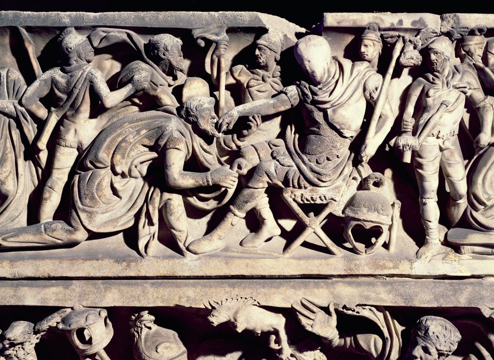 Relief from a sarcophagus depicting the submission of a barbarian to a ...