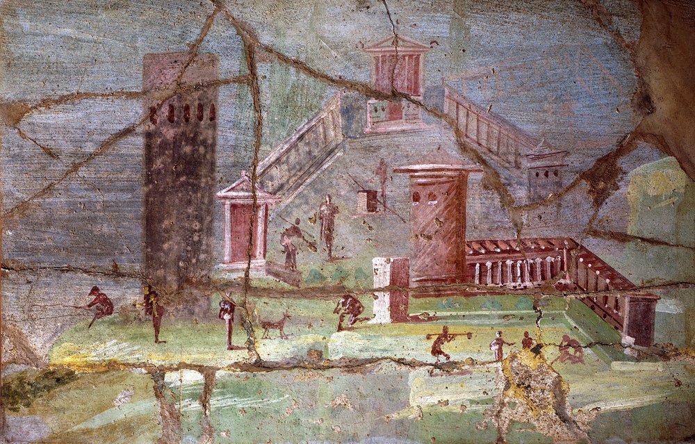 Ancient Roman Fresco with Landscape from Pompeii