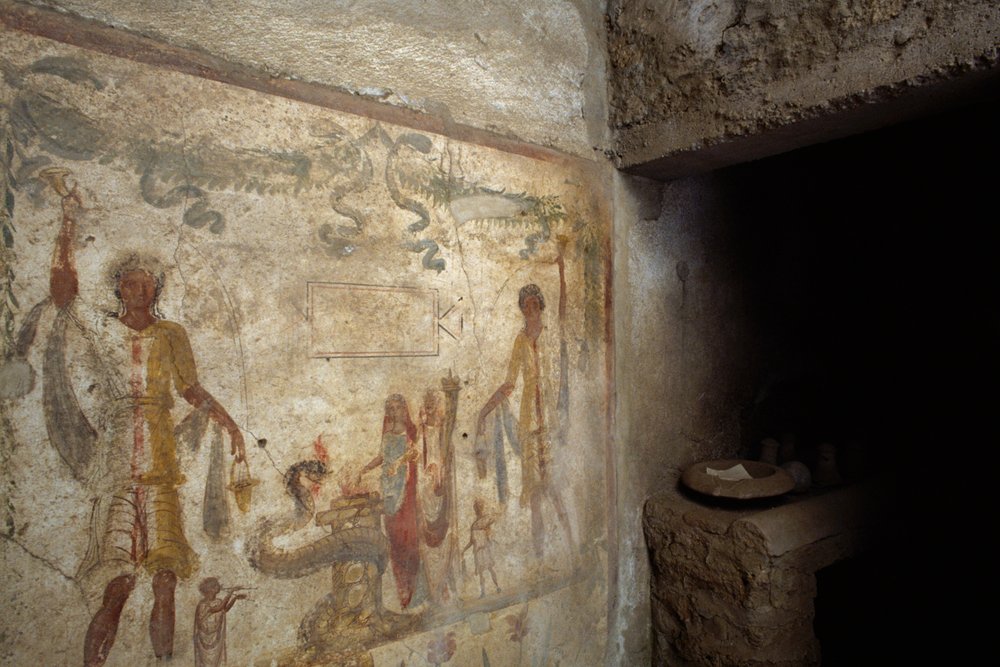 Fresco depicting Lararium near entrance to kitchen, House of Caius ...