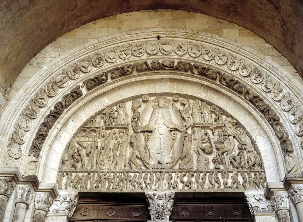 Last judgment, sculpted tympanum of the Cathedrale Saint Lazarus d ...