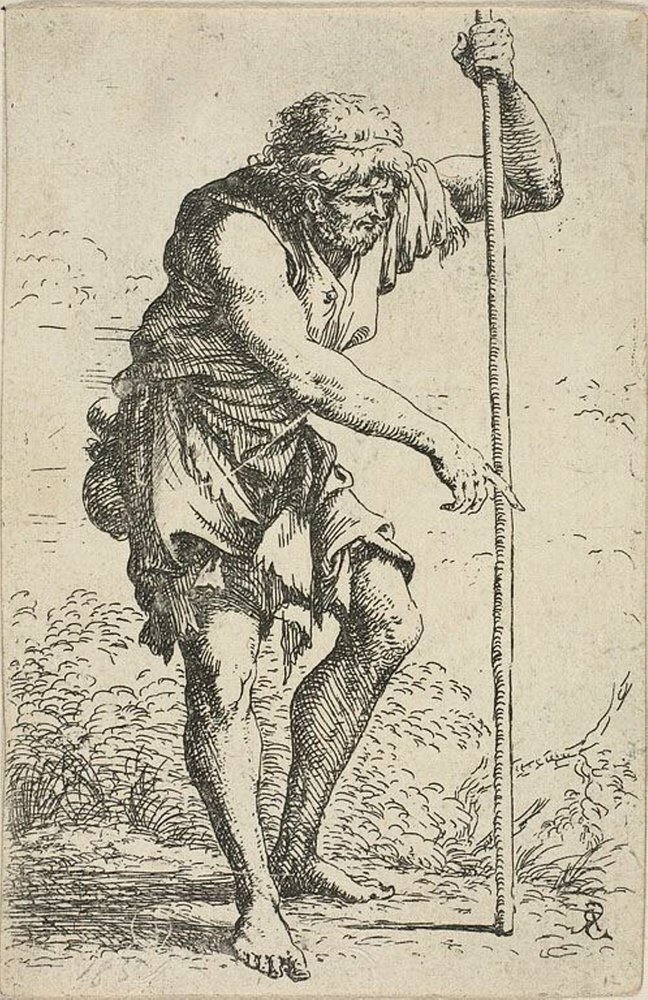 An Old, Ragged Man with a Staff and a Ground at his Hip, from Figurina