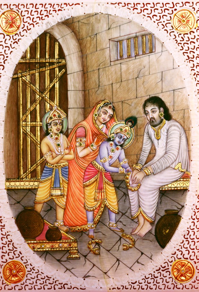 Miniature Ivory Painting of Krishna Balram and Devaki Vasudeva