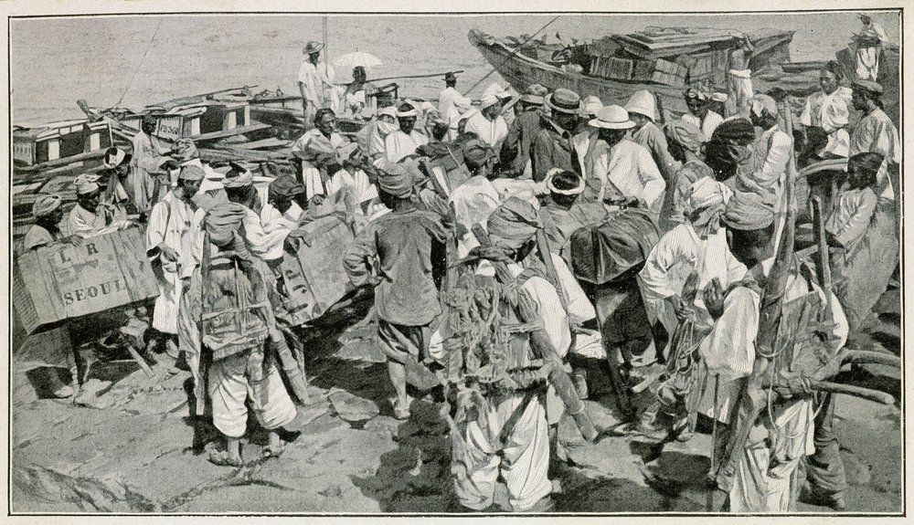 Korean Porters in Chemulpo Harbour, Unloading Junks - Illustration ...