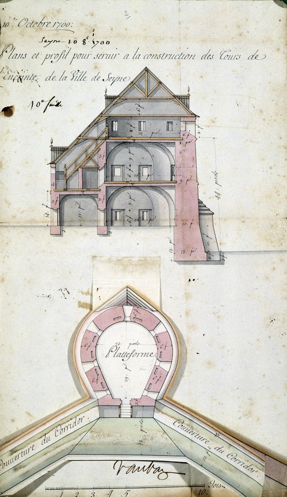 Plan and cut of the towers of the city of Seyne, by Vauban, October 10