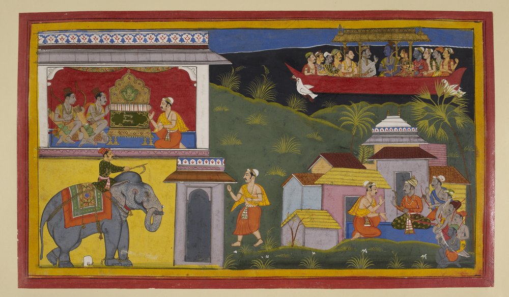 Hanuman Informs Guha, Bharata, and Shatrughna of Rama's Return from Exile