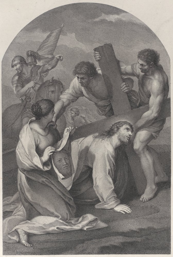 Christ fallen to the ground under the weight of the cross, with two men ...